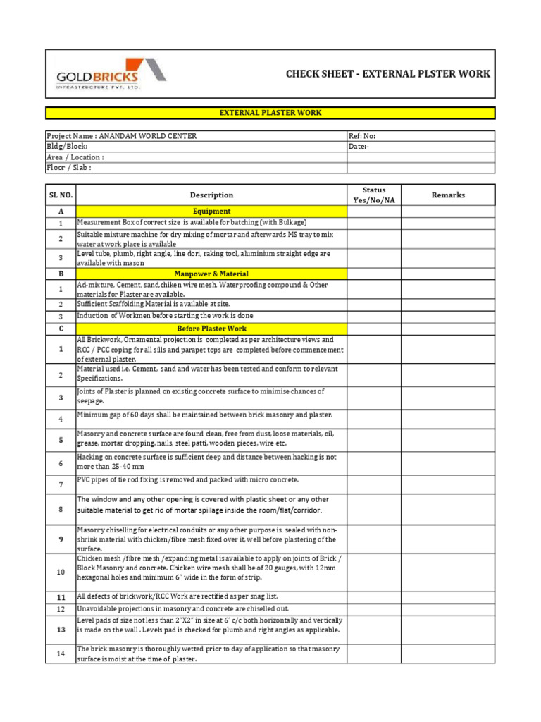 Check List - External Plaster Work | PDF | Plaster | Concrete