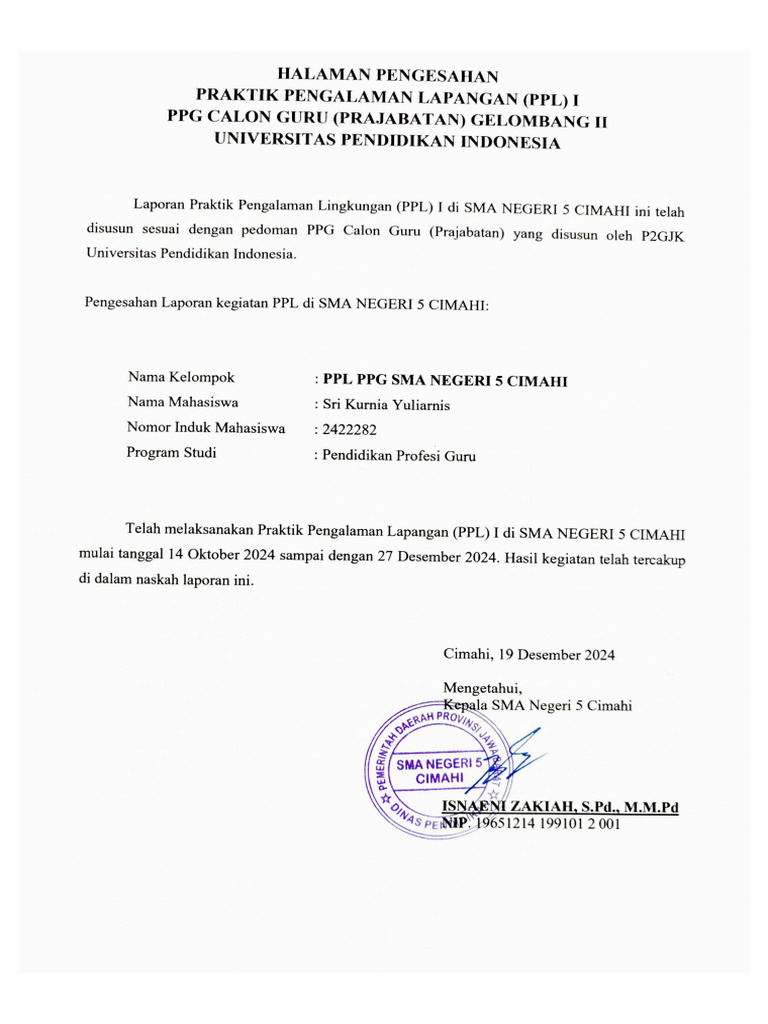 Halaman Pengesahan Laporan PPL PPG | PDF