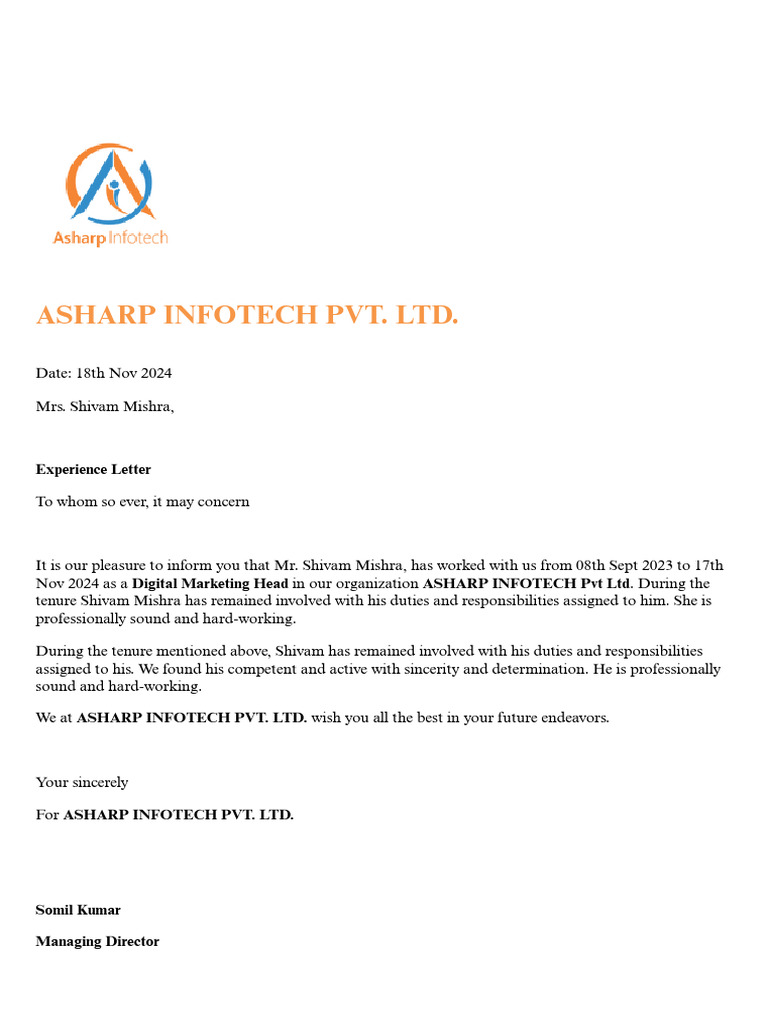 Shivam Experience Letter | PDF