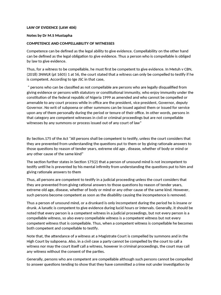 COMPETENCE AND COMPELLABILITY OF WITNESSES msm | PDF | Witness ...