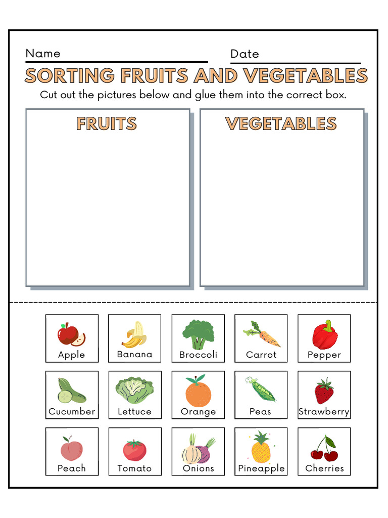 B&W and Color Science Worksheet Fruits or Vegetables Sorting Activity | PDF