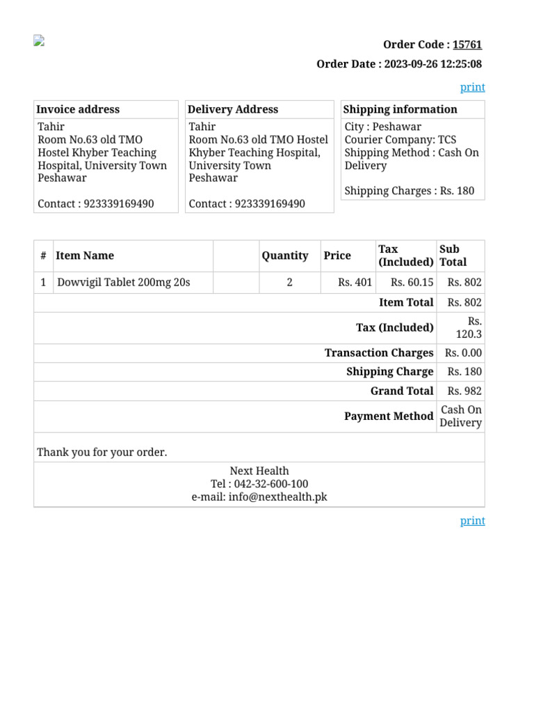 Nexthealth.pk Print Invoice Order Id=15761 | PDF