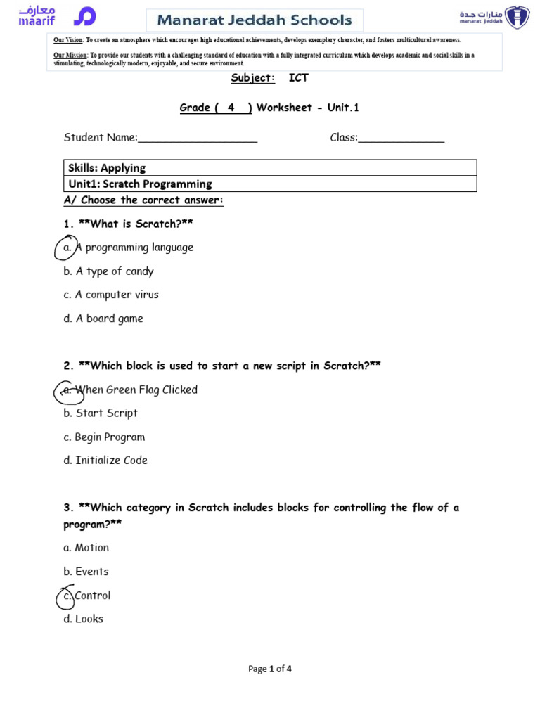 Grade 4 Scratch Programming Worksheet | PDF