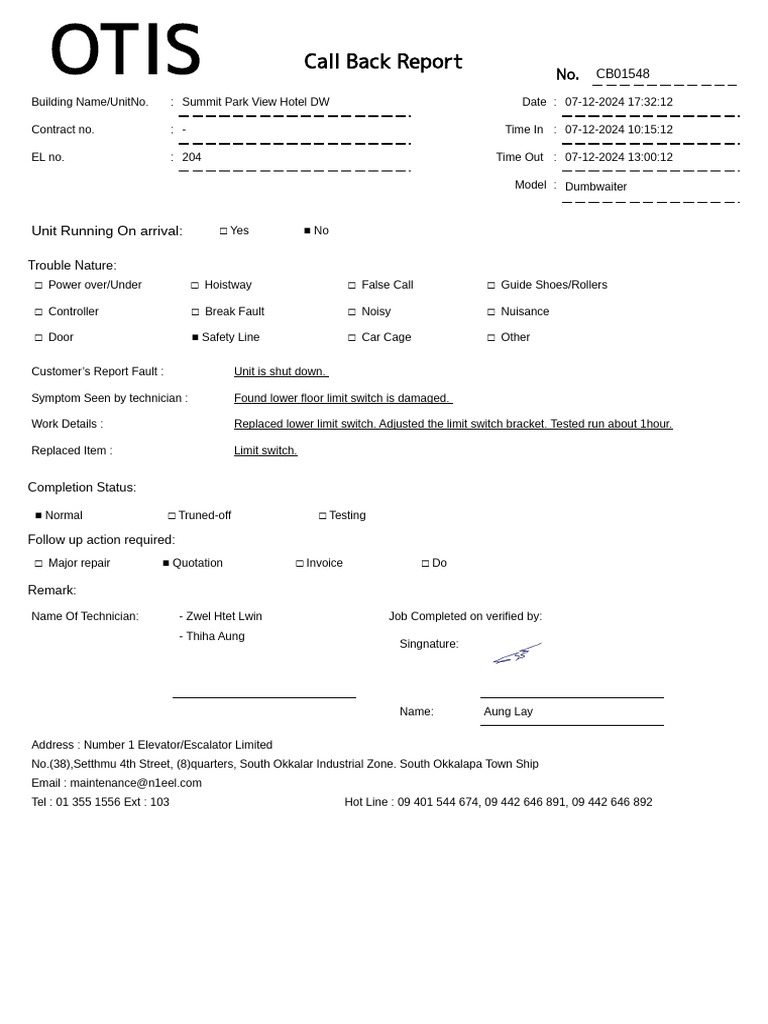 2024.12.07 Summit Park View Hotel DW Call Back Sheet | PDF