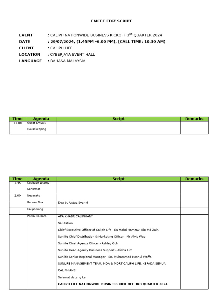Script Caliph Nationwide Business Kickoff 3RD Quarter 2024 | PDF