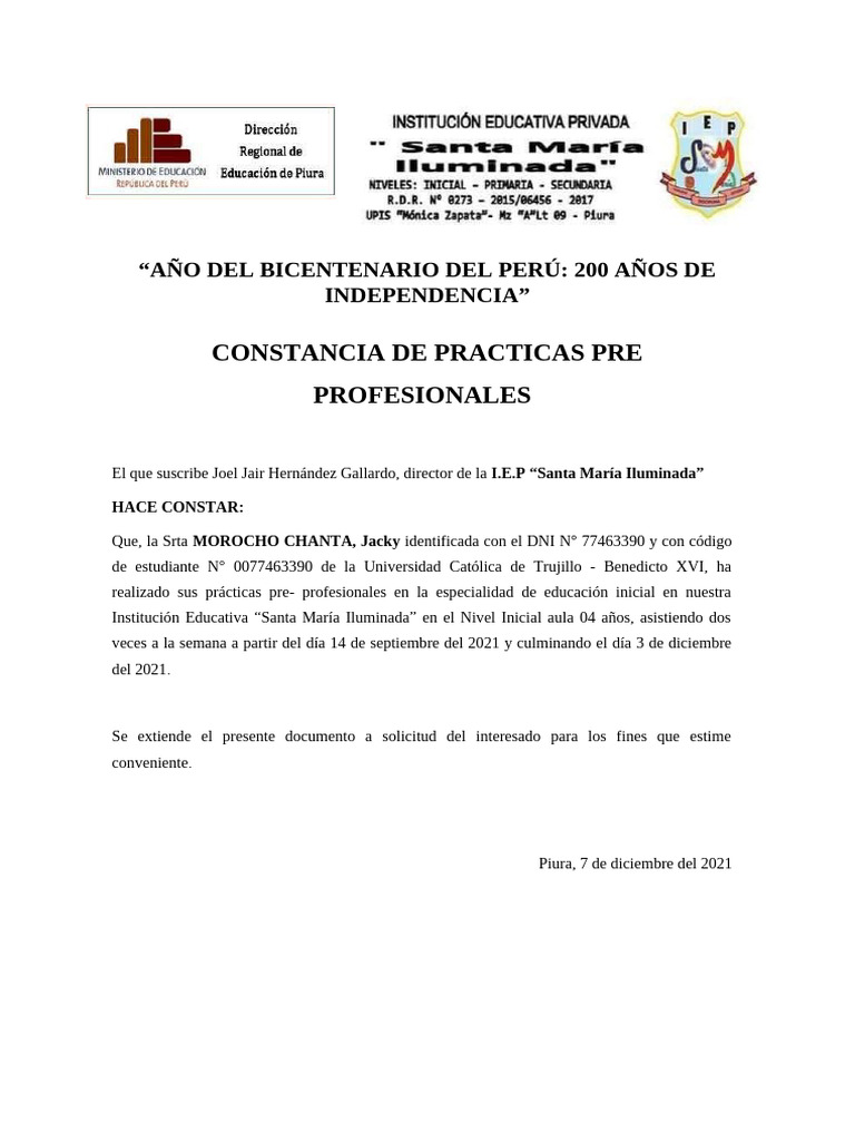 Constancia de Practicas Pre Profesionales | PDF