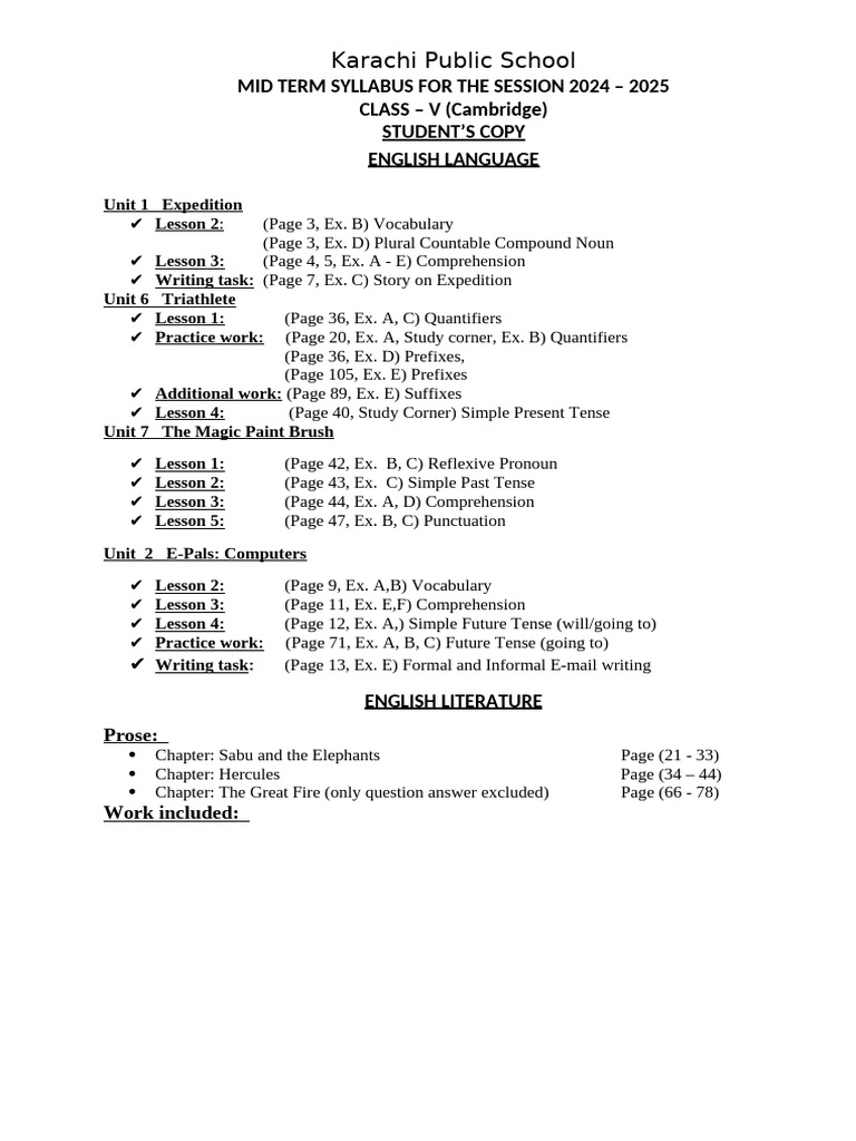 Cl. V Mid Term EXAM SYLLABUS Student's Copy Class-5 | PDF | Grammatical Tense | Plural