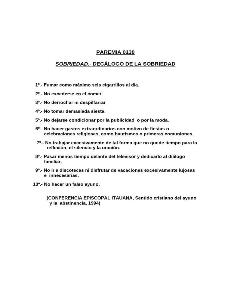 Paremia 0130 Sobriedad (Decálogo de La Sobriedad) | PDF