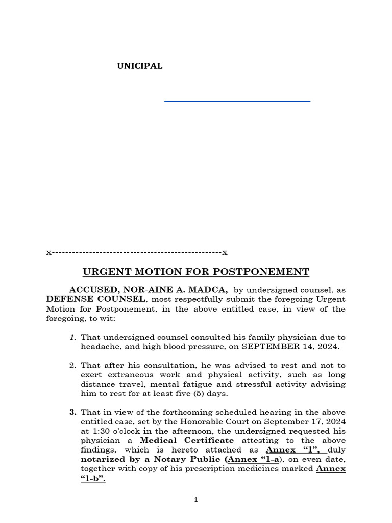 Gapan Motion For Postponement September 172024 | PDF | Prosecutor | Criminal Law