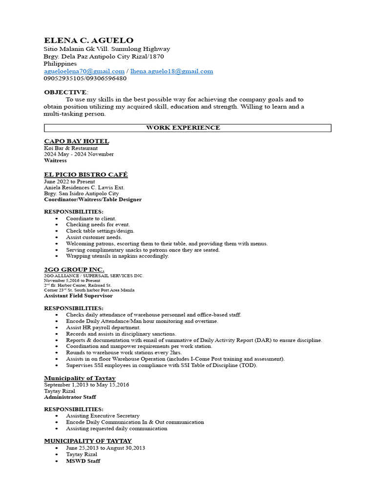 LHENA AGUELO_RESUME v2 | PDF | Business