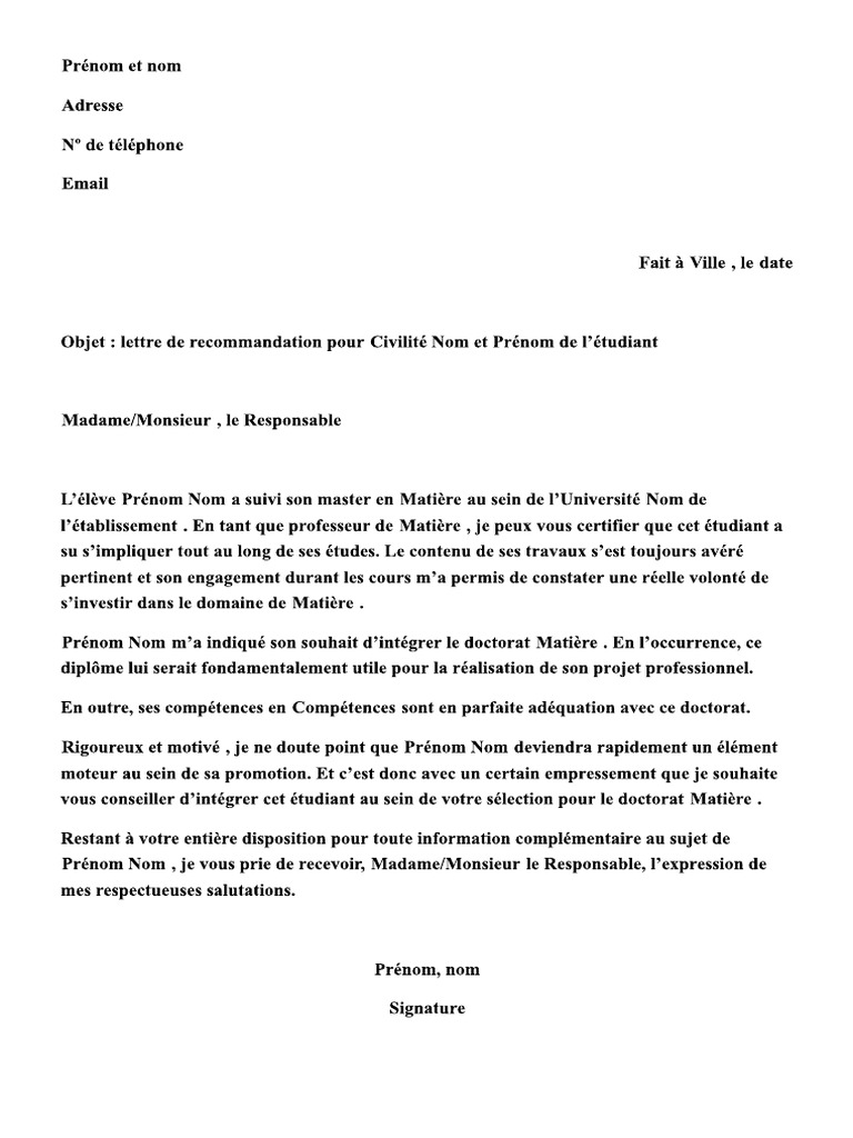 Lette de Recommandation - Exemplaire | PDF