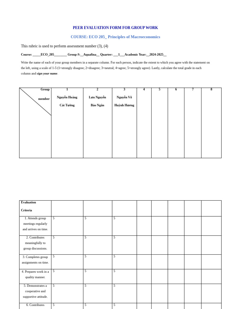 PEER EVALUATION FORM - Trần Gia Linh | PDF