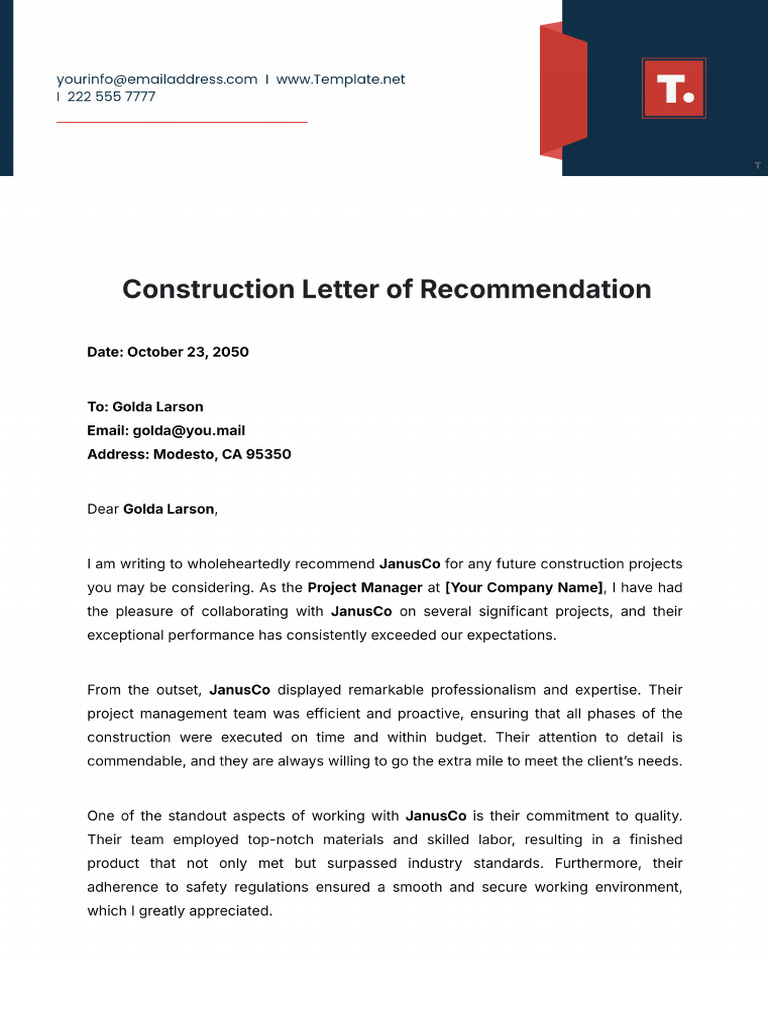 Construction Letter of Recommendation Template | PDF