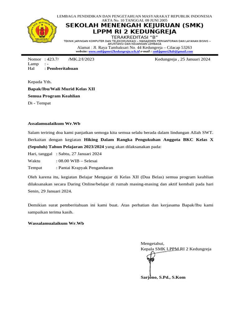 Surat Inpo Daring Xii | PDF