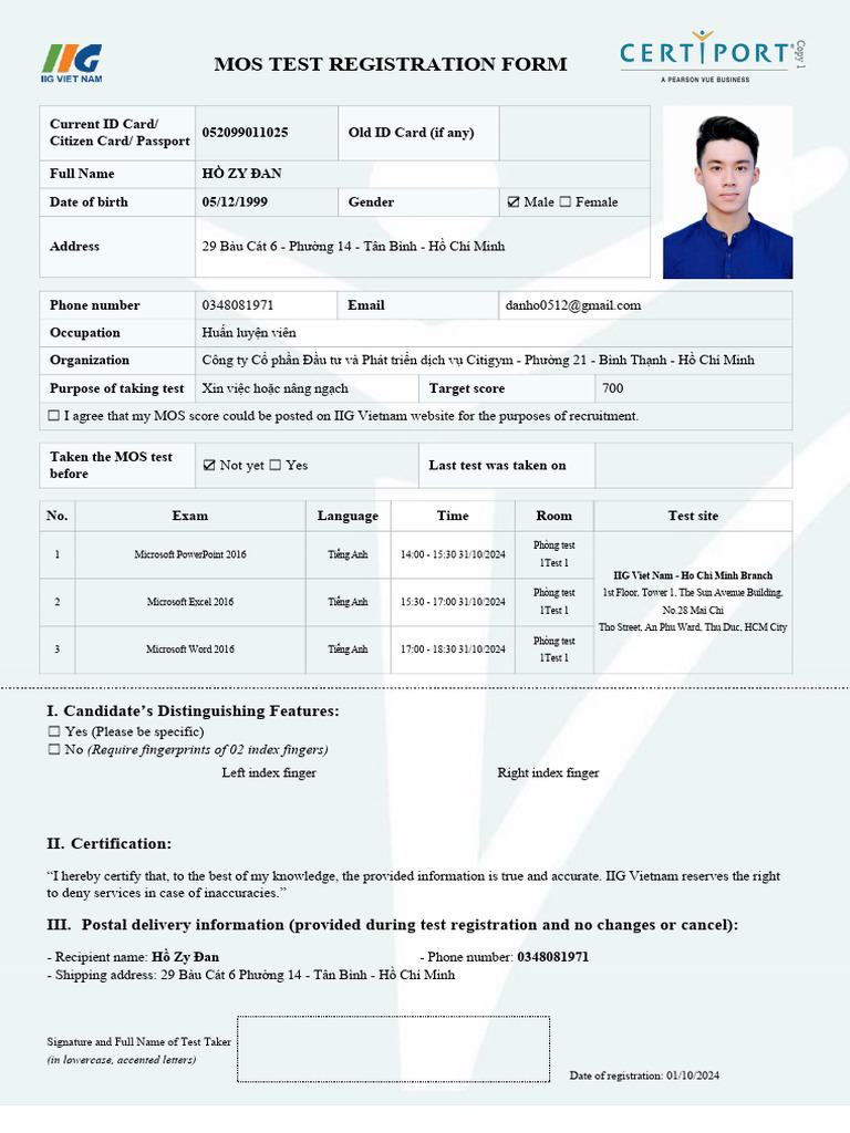 MOS Test Registration Form Details | PDF | Identity Document | Ho Chi ...