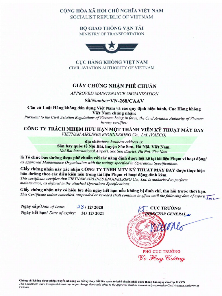 CAAV-VAECO AMO Certificate - Due To 31-Dec-2021 | PDF