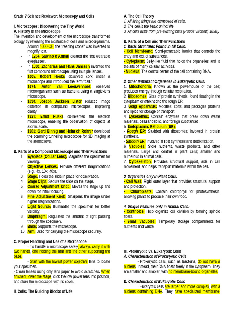 Grade 7 Science: Microscopy & Cells Review | PDF | Cell (Biology ...