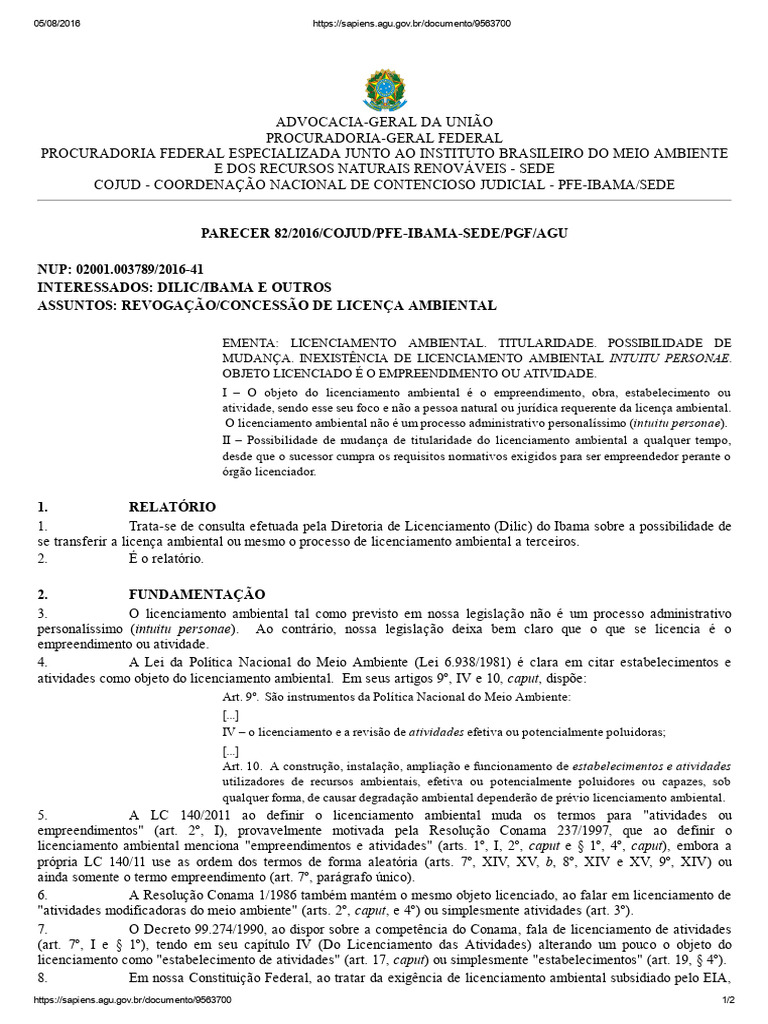 Parecer 82 2016 COJUD PFE IBAMA SEDE PGF AGU | PDF | Ambiente natural ...