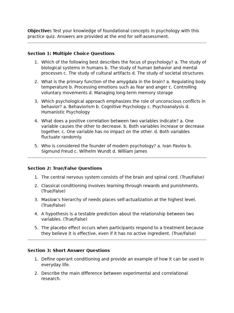 Practice Quiz Introduction to Psychology | PDF | Psychology | Behavioural Sciences