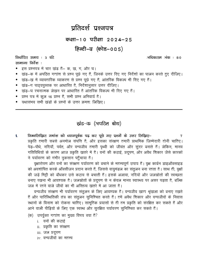 Hindi Preboard Exam | PDF