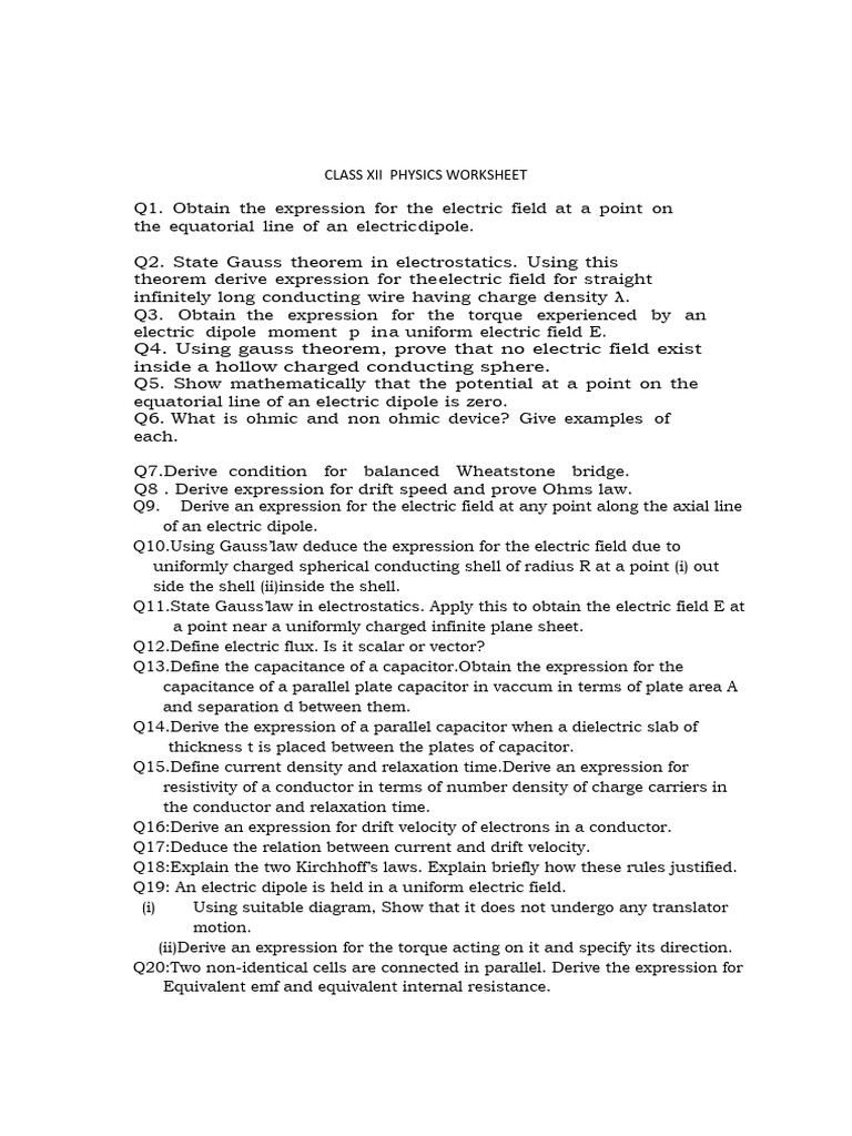 Class Xii Physics Worksheet | PDF