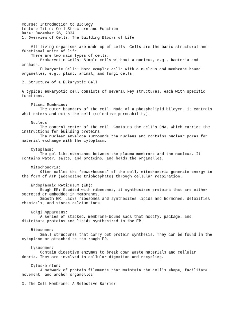 biology lecture notes | PDF | Cell (Biology) | Cell Membrane