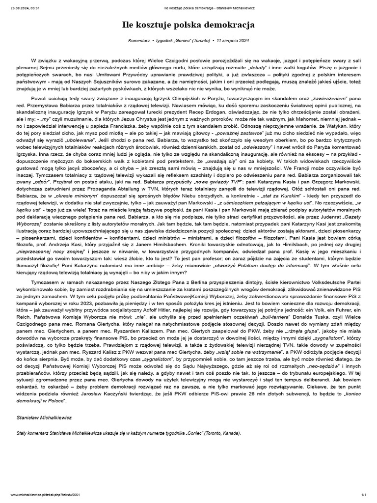 Michalkiewicz S. (2024.08.11) - Ile Kosztuje Polska Demokracja ...