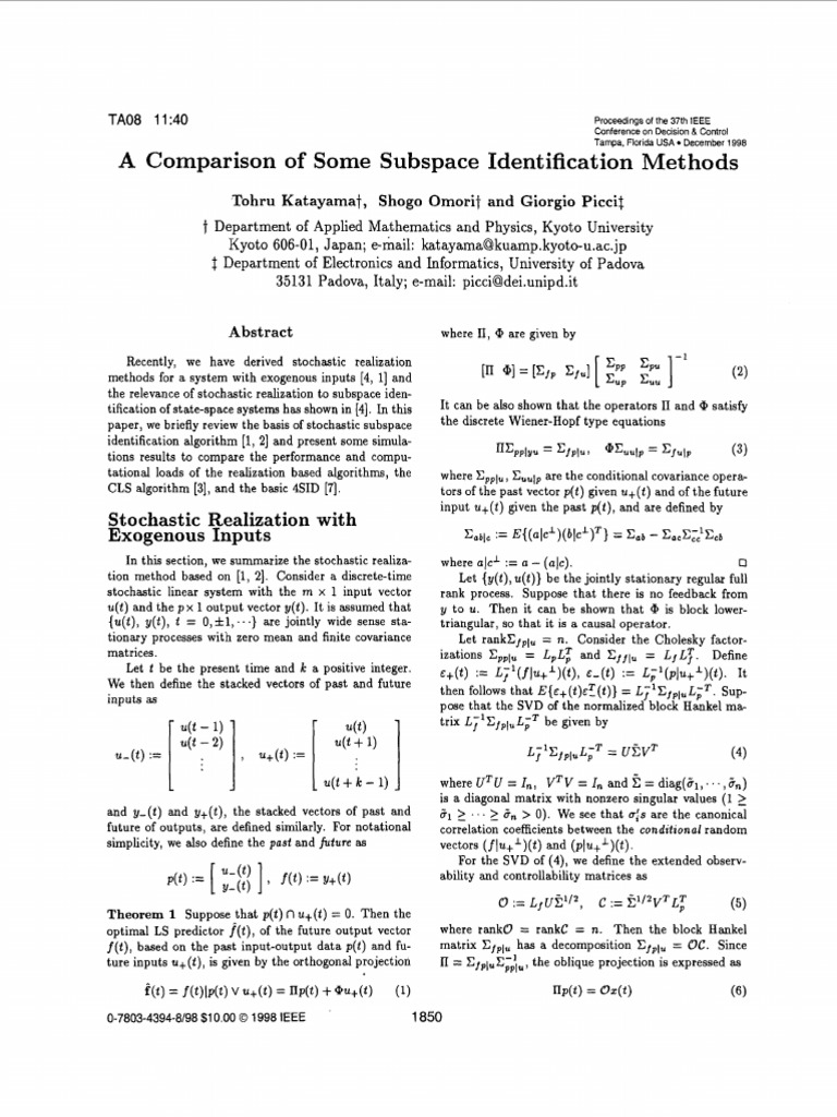 A Comparison Of Some Subspace Identification Methods Pdf Matrix