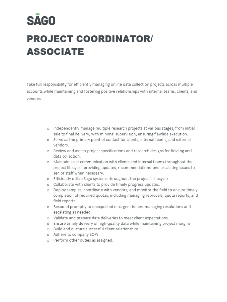 Project Coordinator - JD - 2024 - Fresher | PDF | Data | Communication