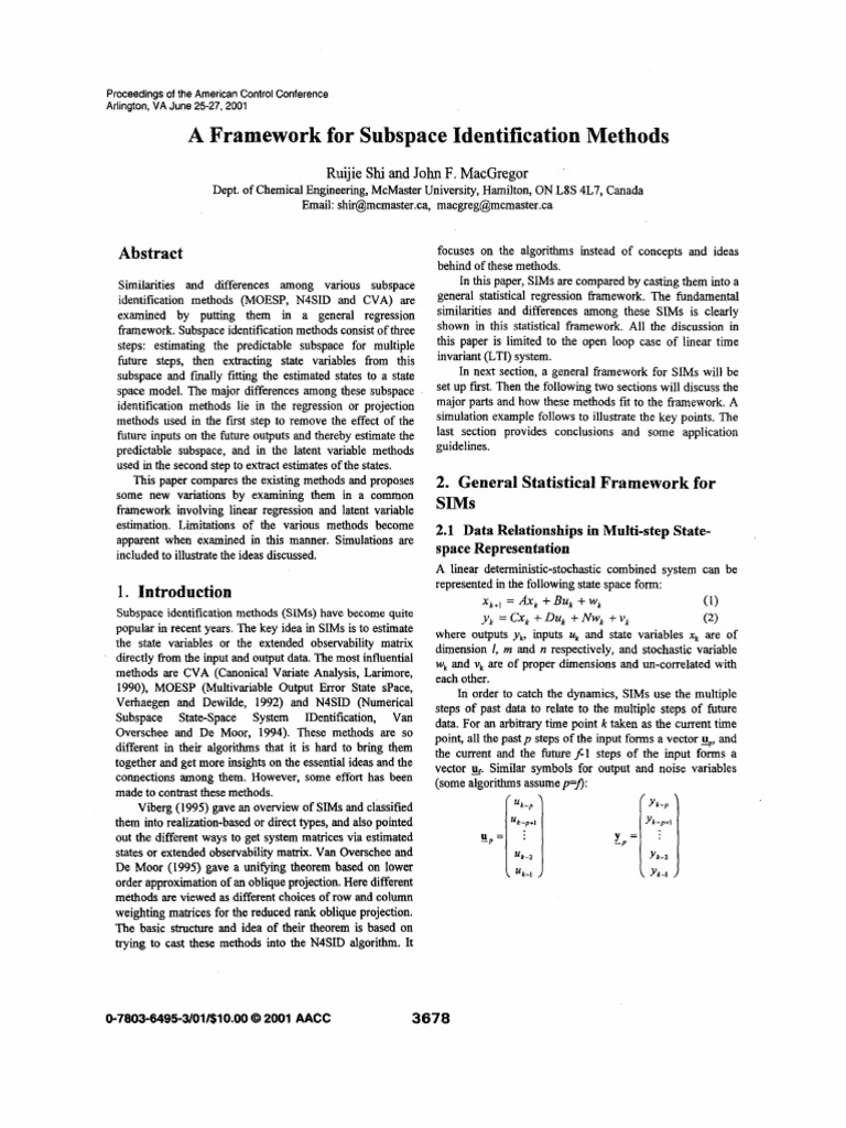 A Framework For Subspace Identification Methods | PDF | Principal Component Analysis | Applied ...