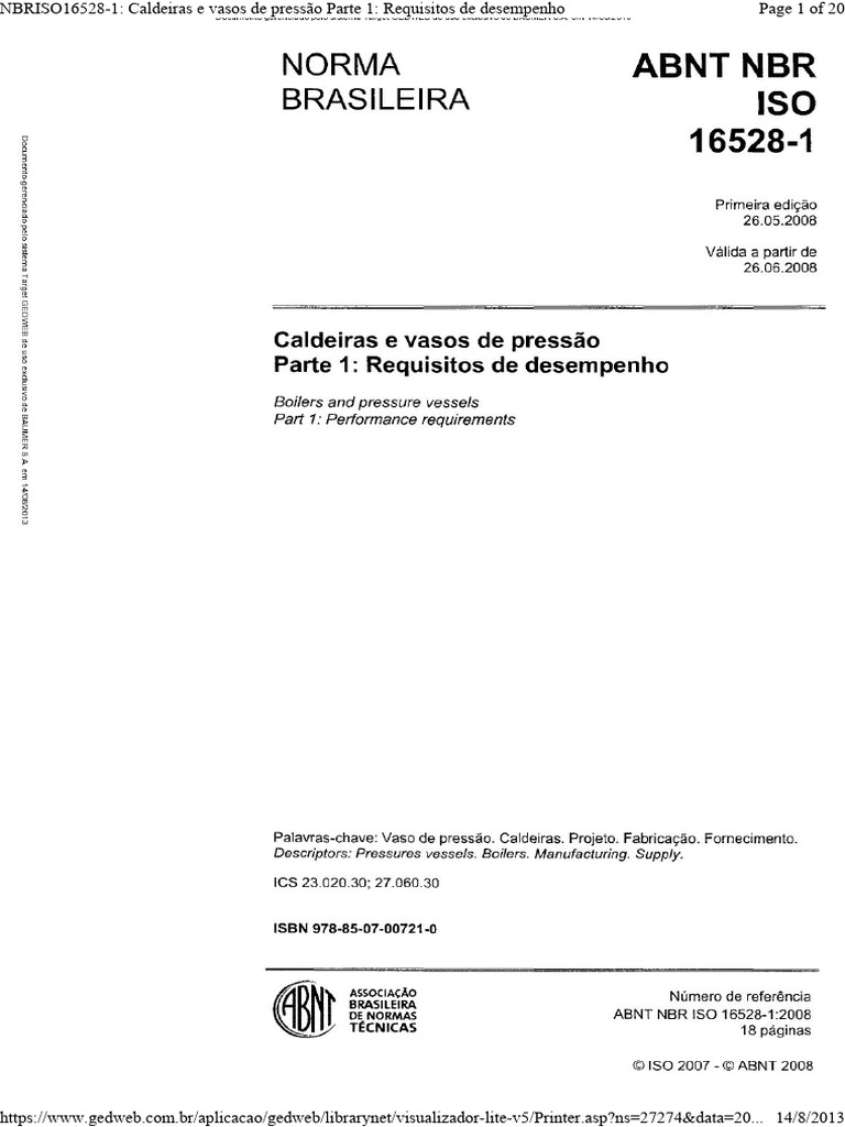 Abnt Nbr Iso 16528-1 Caldeiras e Vasos de Pressão Parte 1 Requisitos de ...