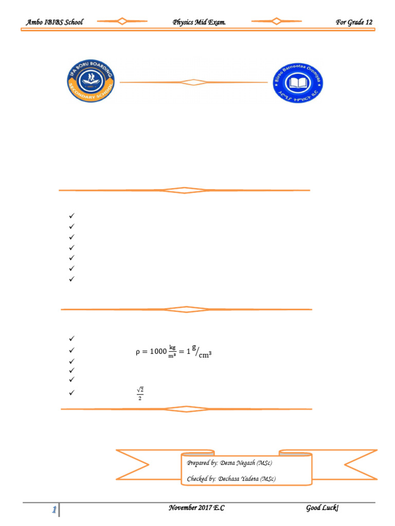 g-12 phy mid exam | PDF | Rotation Around A Fixed Axis | Pressure