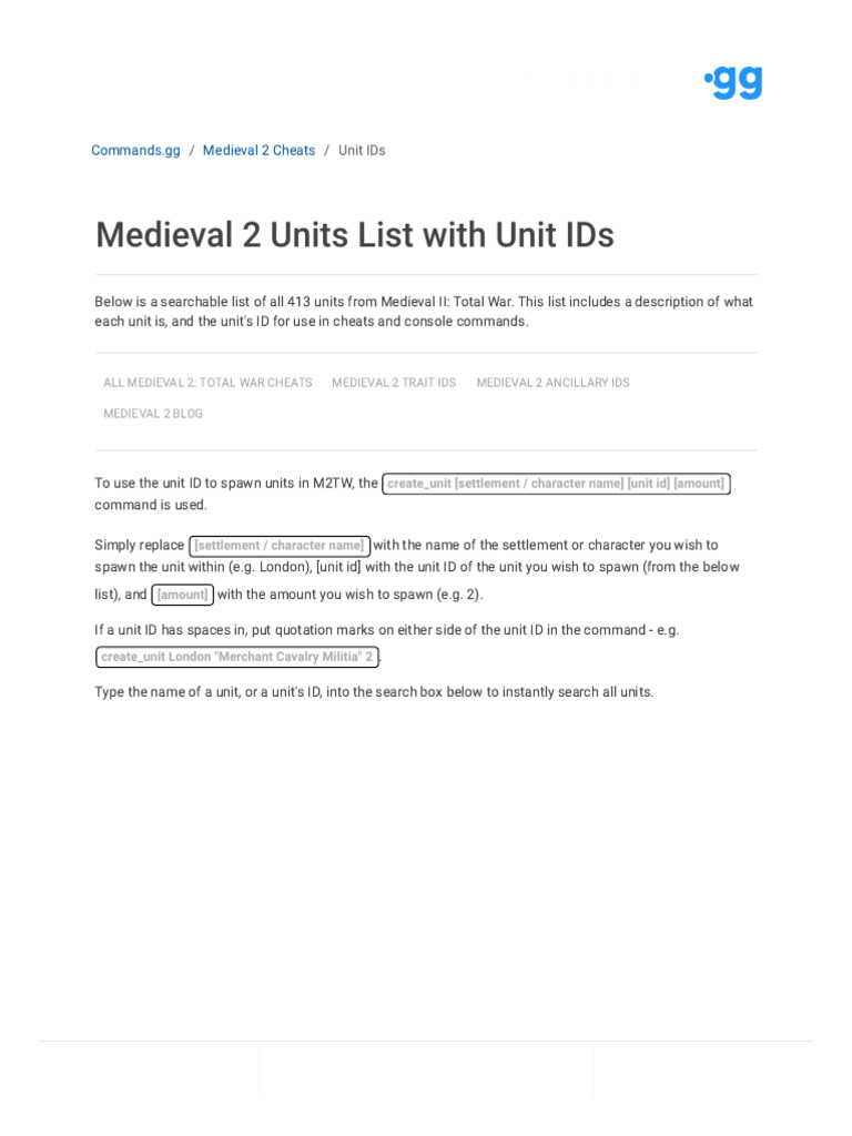 List of All M2TW Units With Cheat Codes - Commands - GG | PDF | Cavalry ...