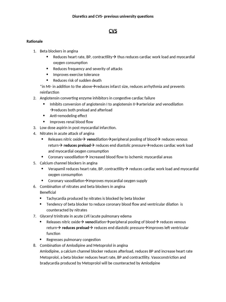 Handout - CVS and Diuretics | PDF | Heart Failure | Myocardial Infarction