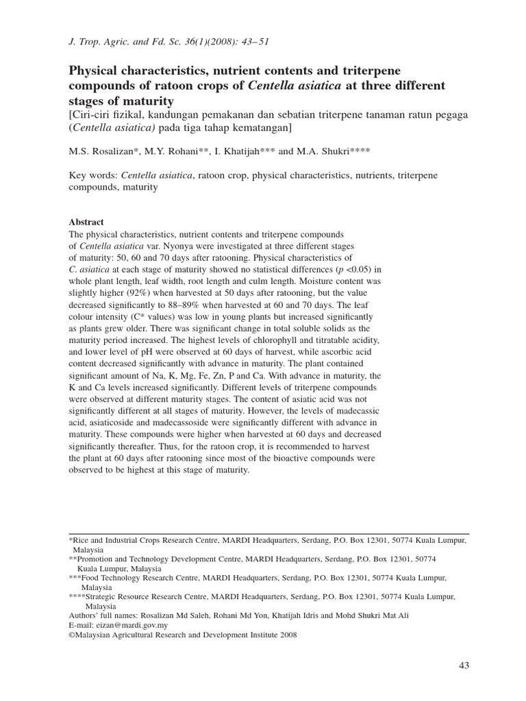 Physical Characteristics, Nutrient Contents and Triterpene Compounds of Ratoon Crops of Centella ...