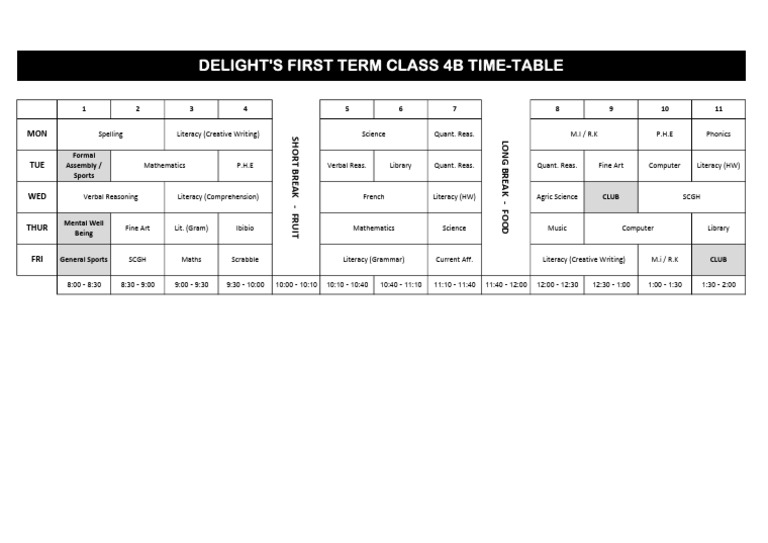 Delight's Class 4B Timetable | PDF