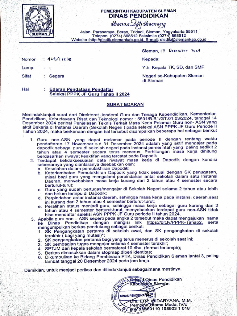 Edaran Pendataan Pendaftar Seleksi PPPK JF Guru Tahap II 2024 | PDF