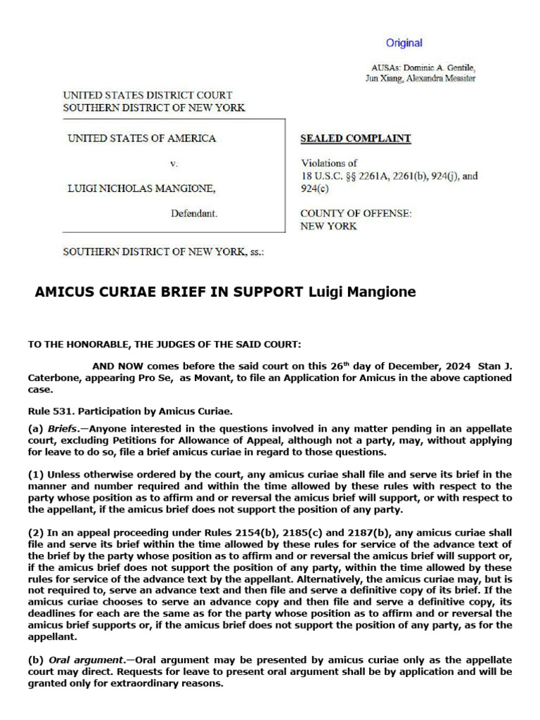 DRAFT ONLY Thursday December 26th, 2024 - Application For AMICUS BRIEF ...