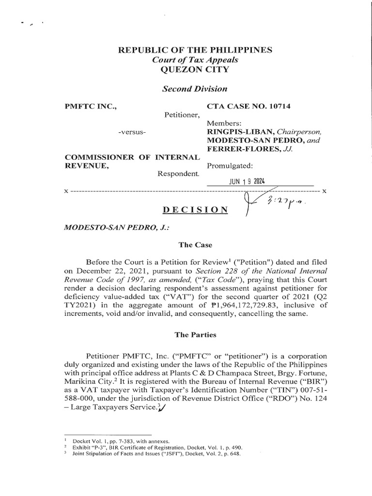 PMFTC VAT Assessment Dispute Case | PDF | Internal Revenue Service ...