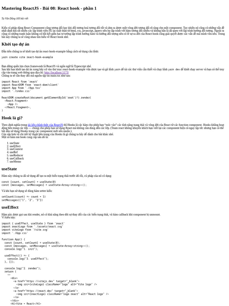 techmaster3 - Mastering ReactJS - Bài 08 - React hook - phần 1 | PDF