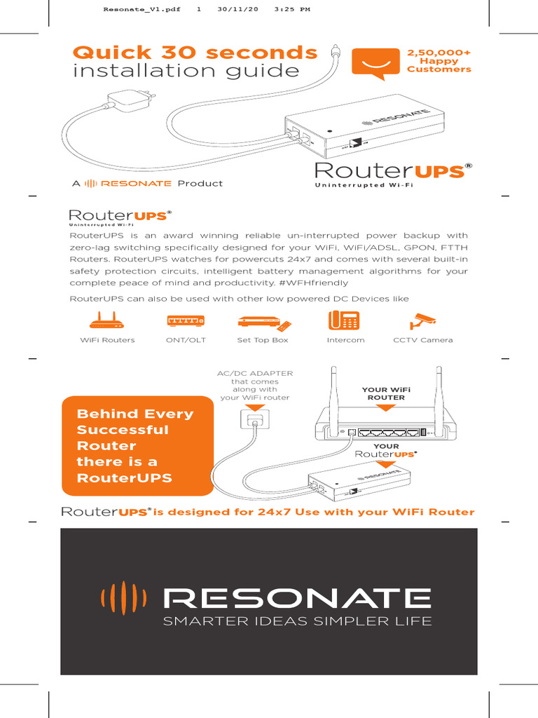 Resonate V1 Quick 30 Seconds Installation Guide | PDF | Wi Fi | Manufactured Goods