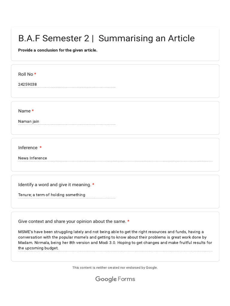 B.a.F Semester 2 - Summarising An Article - Google Forms | PDF ...
