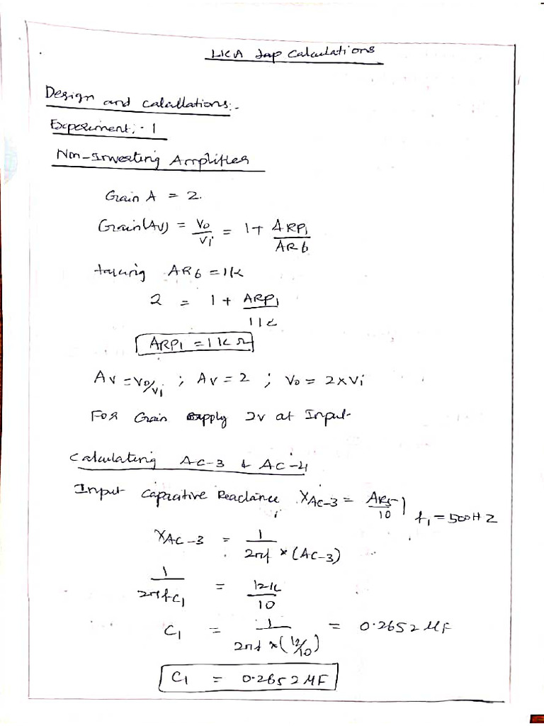 LICA LAB Design Calculations For Experiments 1to 8 | PDF