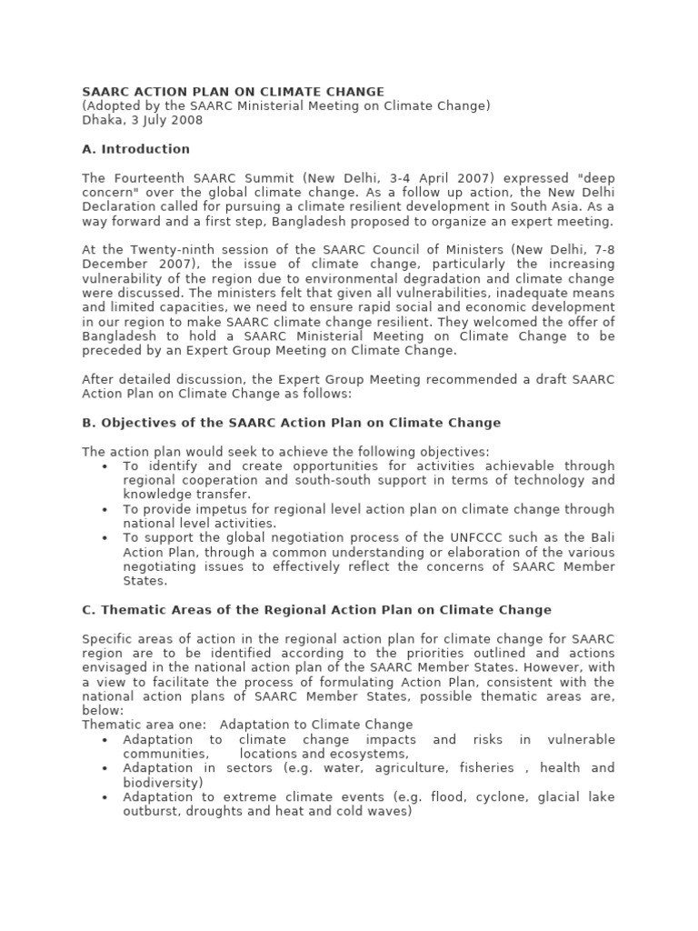 SAARC Climate Change Action Plan | PDF | Climate Change | Natural ...