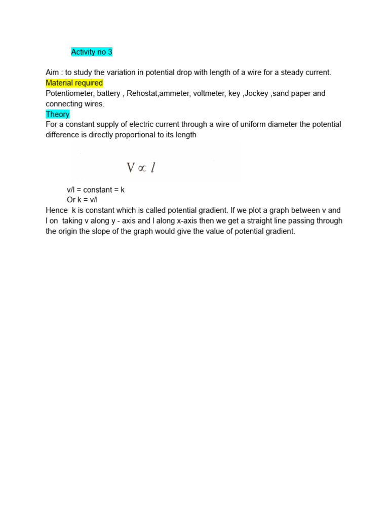 Potential Drop In Wire Experiment Pdf Manufactured Goods Metrology