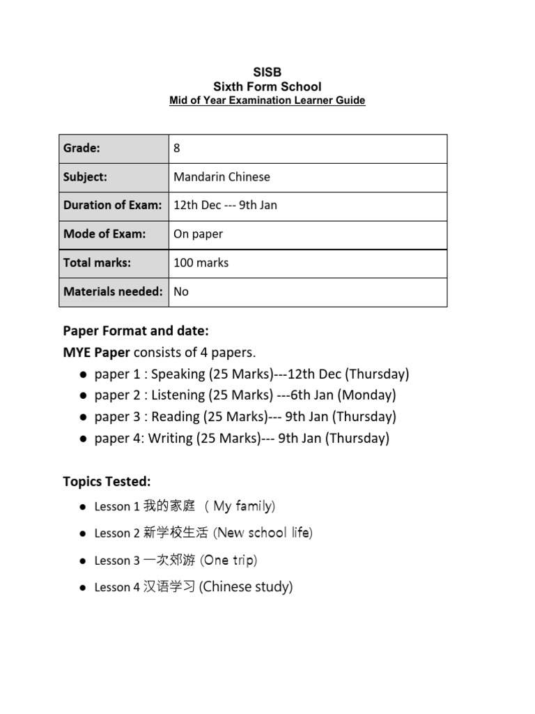 G8-Mandarin-MYE-Learner Guide | PDF | Standard Chinese | Chinese Language