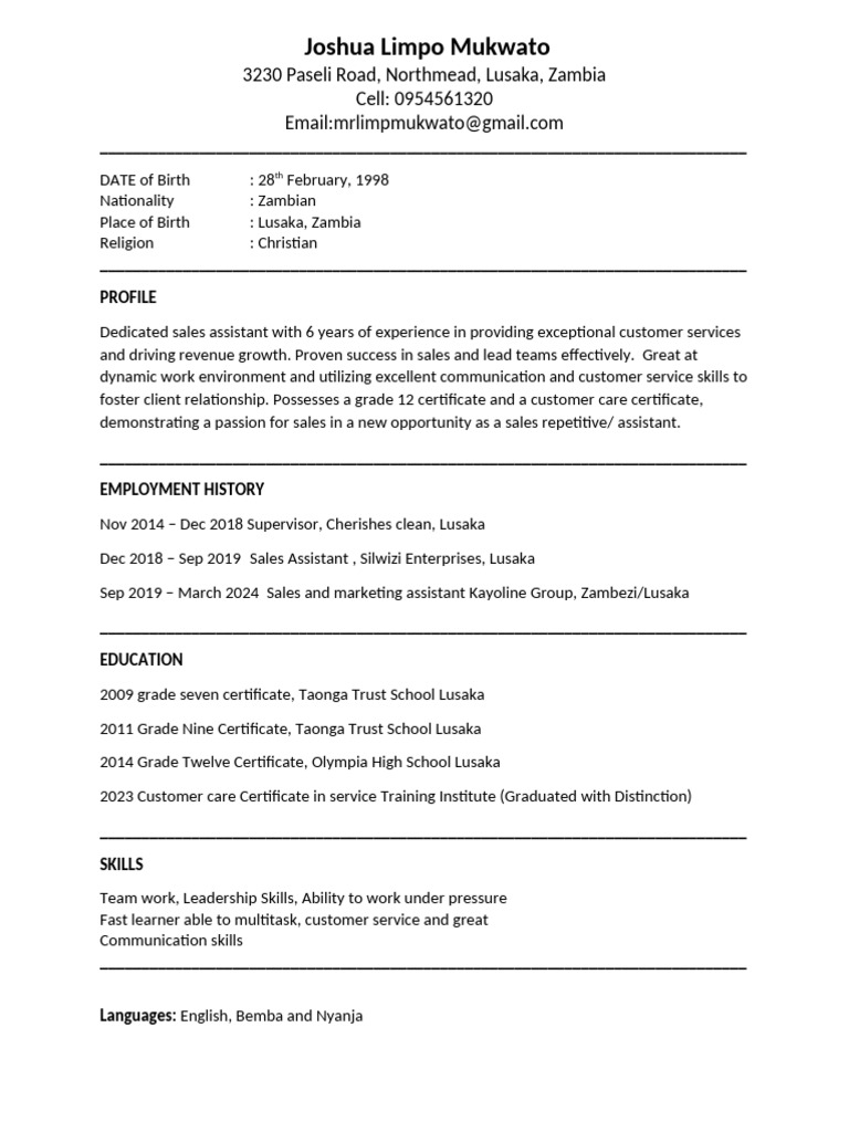 Joshua Limpo Mukwato: 3230 Paseli Road, Northmead, Lusaka, Zambia Cell ...