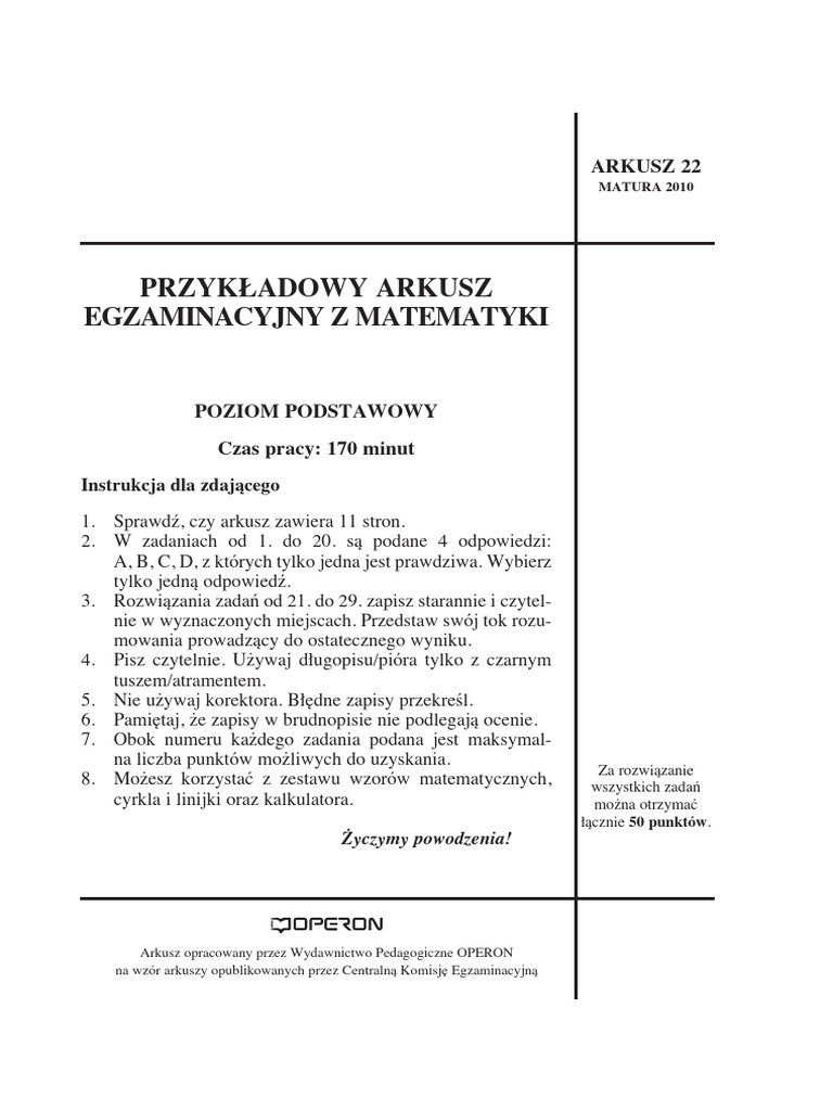 22 Przykładowy Arkusz Egzaminacyjny Z Matematyki | PDF