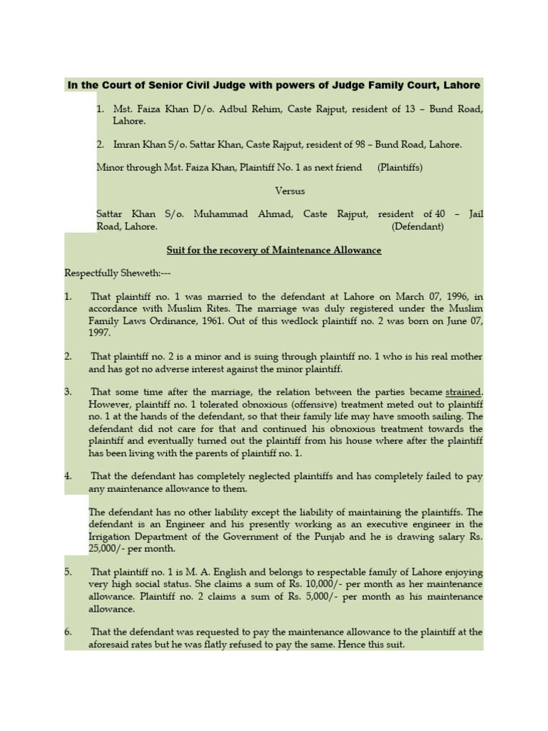 Maintenance Allowance Suit Lahore | PDF | Lawsuit | Public Law