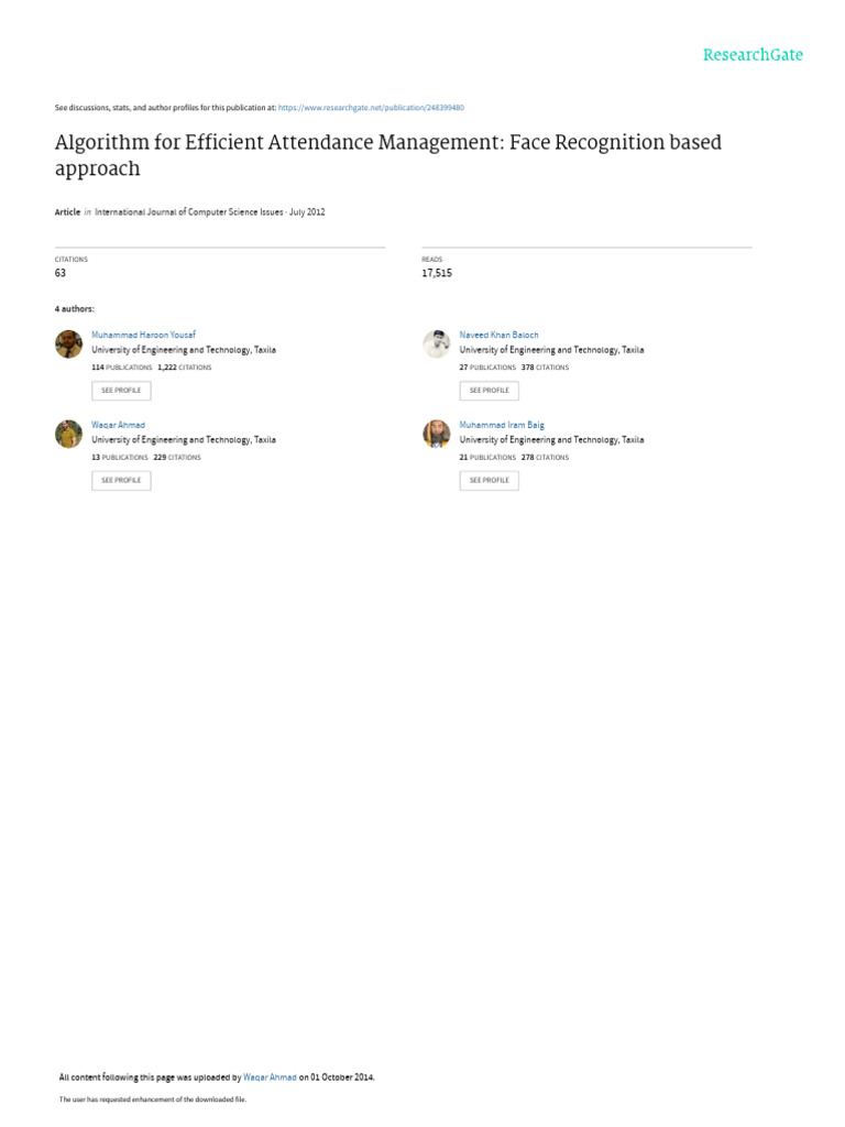 Algorithm For Efficient Attendance Management Face Pdf Biometrics Pattern Recognition